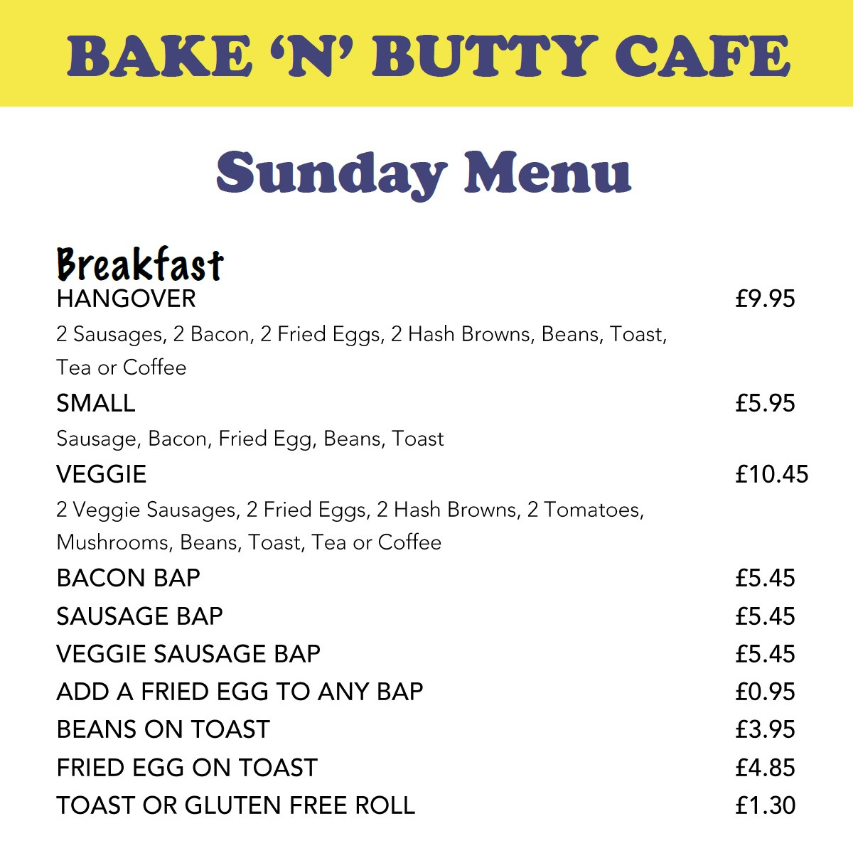Menu – Bake N Butty Cafe